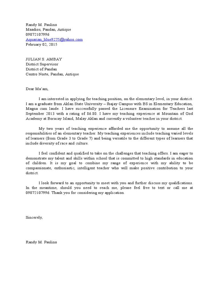 Application Letter For Teaching | PDF | Teachers | Academia