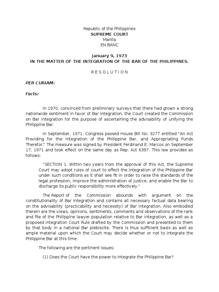 Integration of the Philippine Bar 1971 | PDF | Bar Association | Law