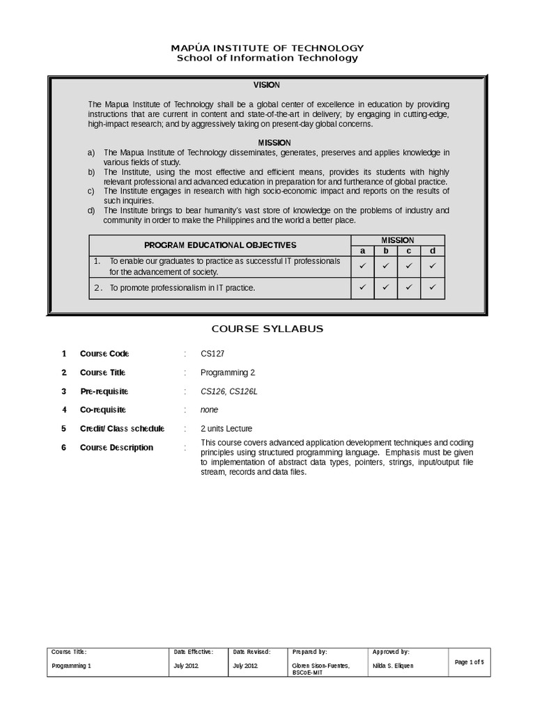 Cs127 Problem Solving And Programming 2 Syllabus 2012 It Pdf Computing System 