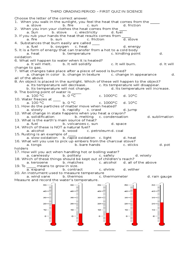 Third Grading - First Quiz in Science | PDF | Heat | Temperature