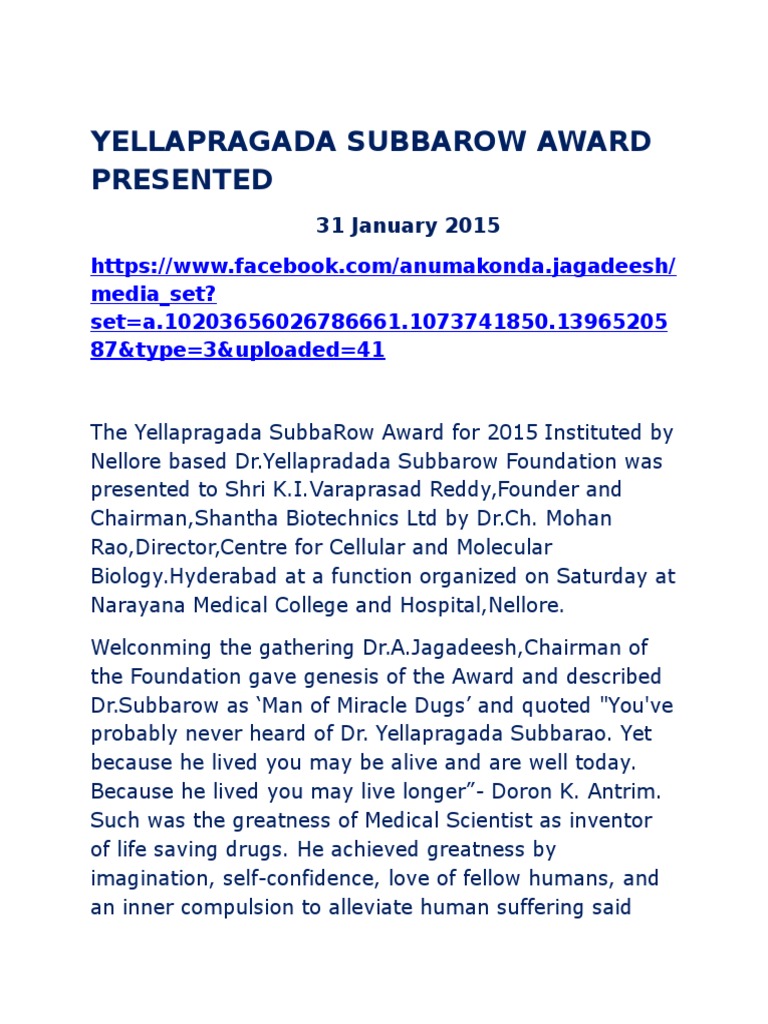 Yellapragada Subbarow Award 2015 Ceremony | PDF | Science And ...