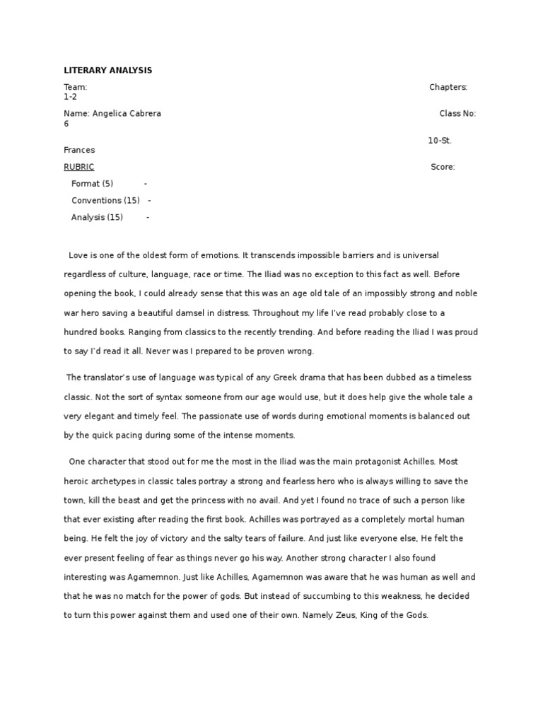 Lit Analysis (The Illiad) | PDF | Achilles | Iliad