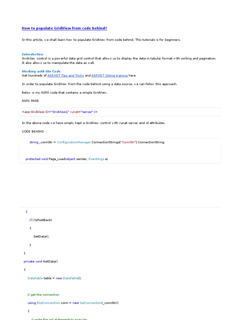 How To Populate GridView From Code Behind | PDF | Teaching Methods & Materials | Technology ...