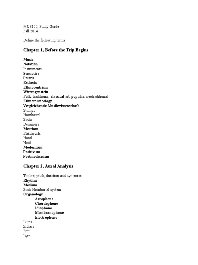 Chapter 1, Before The Trip Begins: MUS100, Study Guide Fall 2014 Define ...
