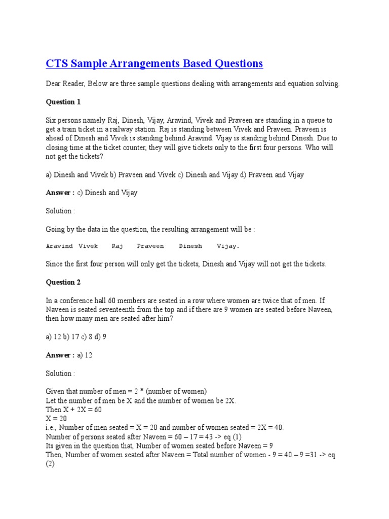 CTS Sample Arrangements Based Questions | PDF | International Cricket ...