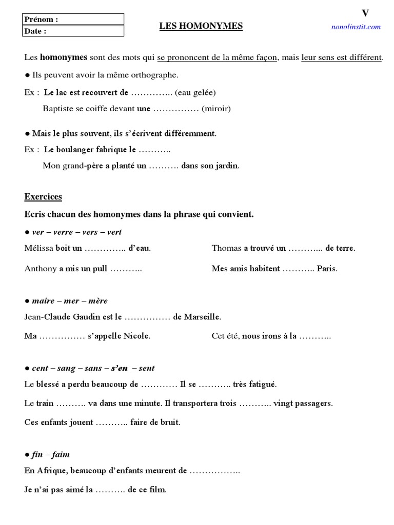 Homonymes Lecon Exercices | PDF | La nature