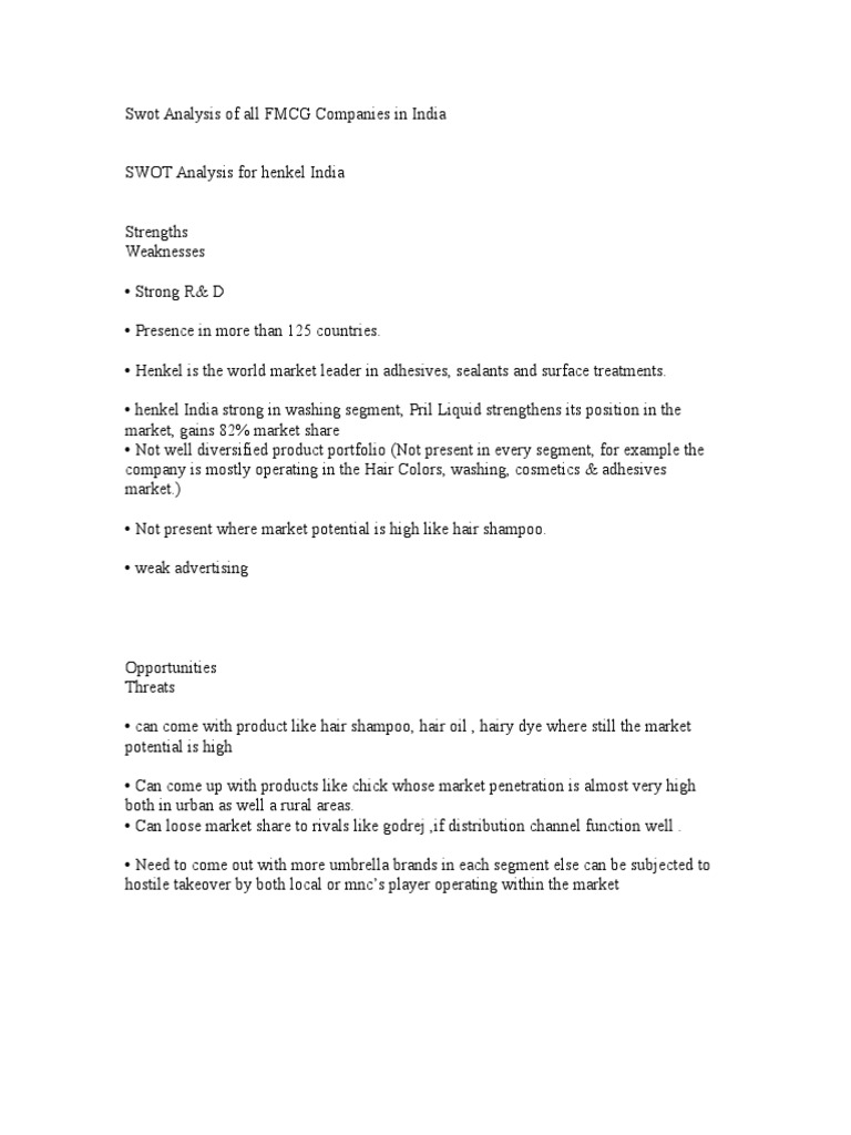 Swot Analysis of All FMCG Companies in India | PDF | Market Analysis ...