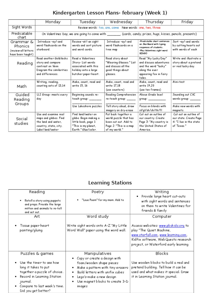 Kindergarten Lesson Plans: Week 1 | PDF
