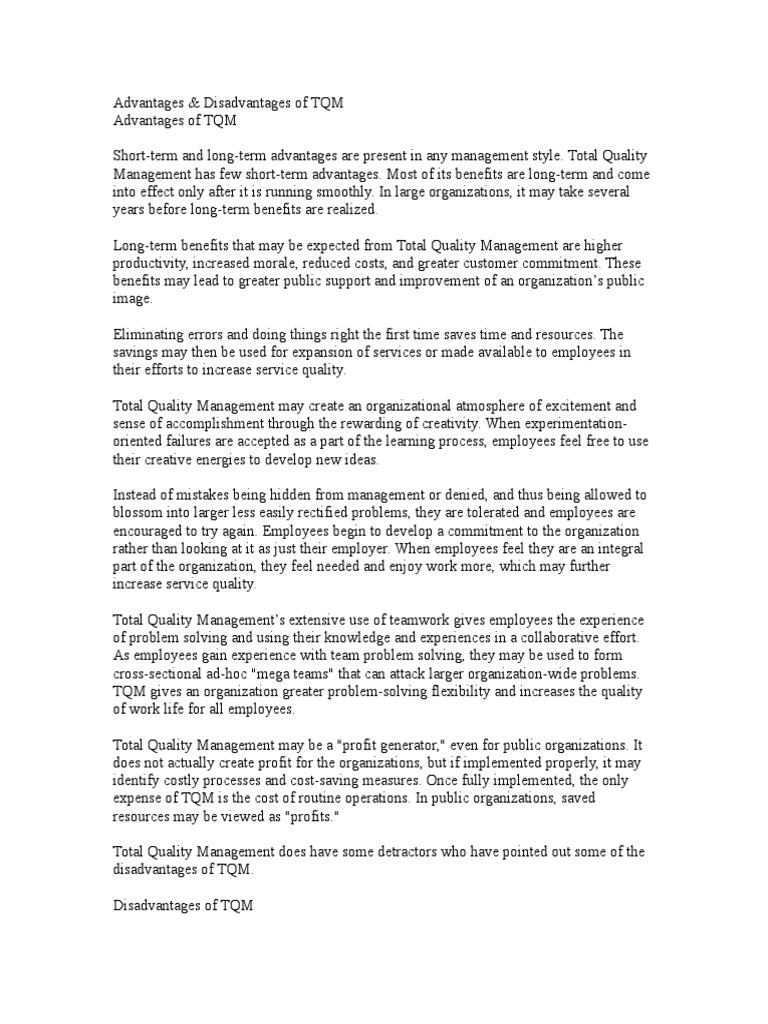 Advantages and Disadvantages of TQM | PDF | Goal | Quality Management