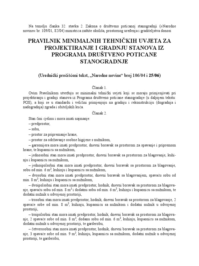 279.500 P Minimalnih Tehnickih Uvjeta Za Projektiranje I Gradnju Stanova | PDF