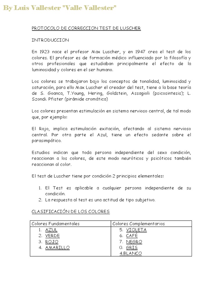 Protocolo de Correccion Luscher by Luis Vallester | PDF | Azul | Color