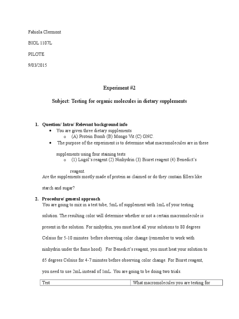 BIOL 1107L Post Lab 3 | PDF | Macromolecules | Dietary Supplements