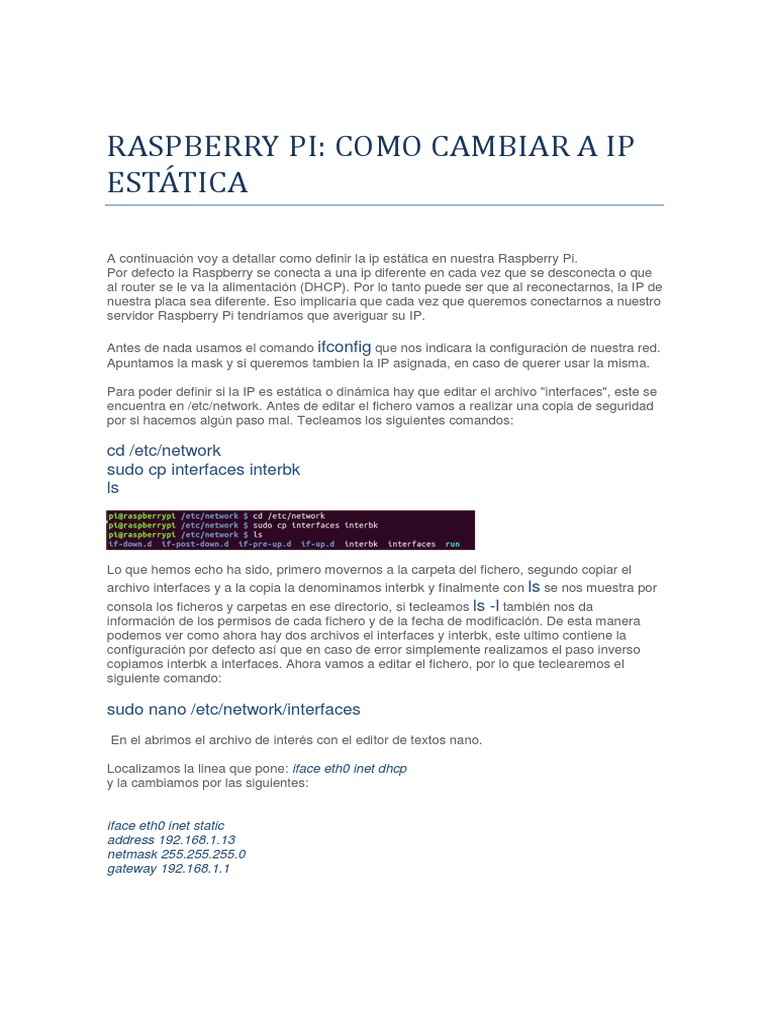 Como Cambiar La Direccion IP en La RASPBERRY PI | PDF | Archivo de ...