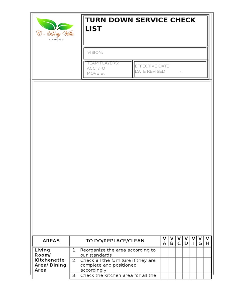 Turndown Service Checklist for Hotels | PDF