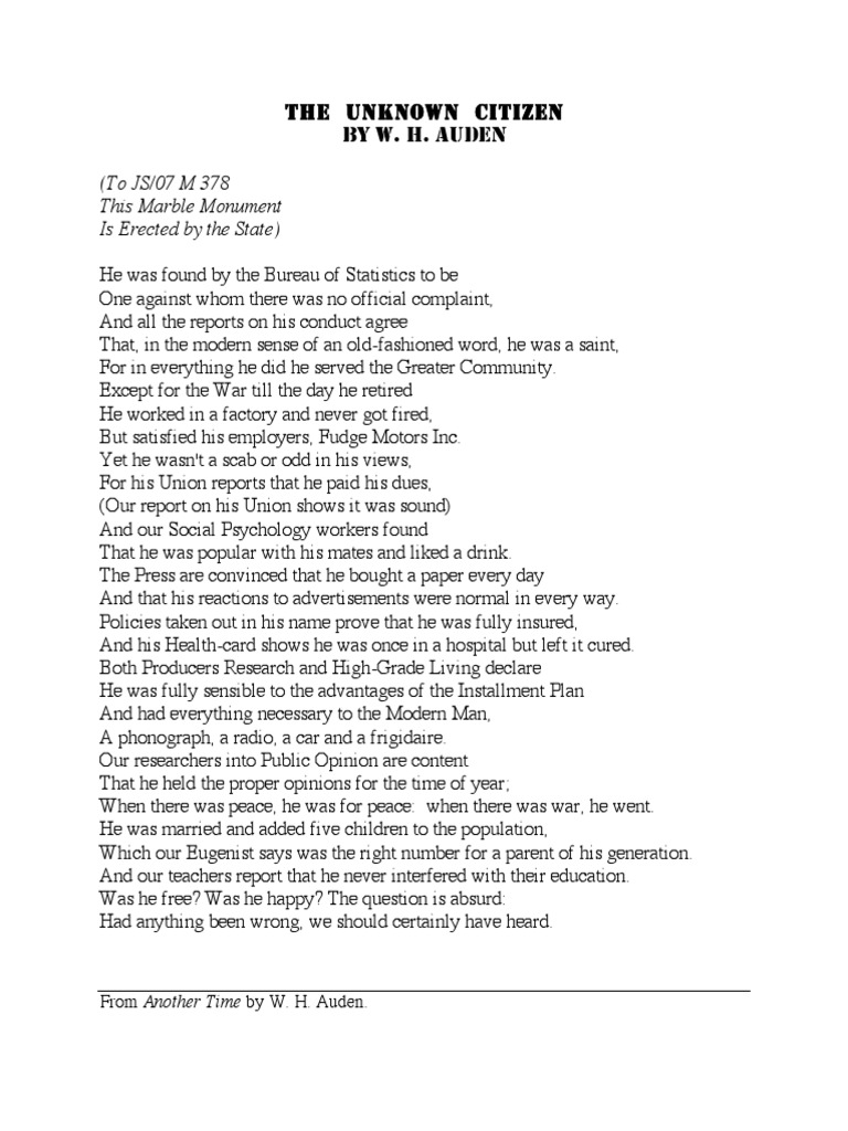 The Unknown Citizen by W. H. Auden: (To JS/07 M 378 This Marble ...
