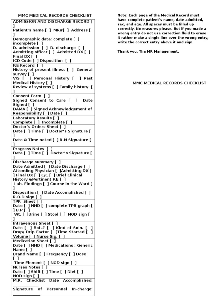 Record Checklist | Medical Record | Patient