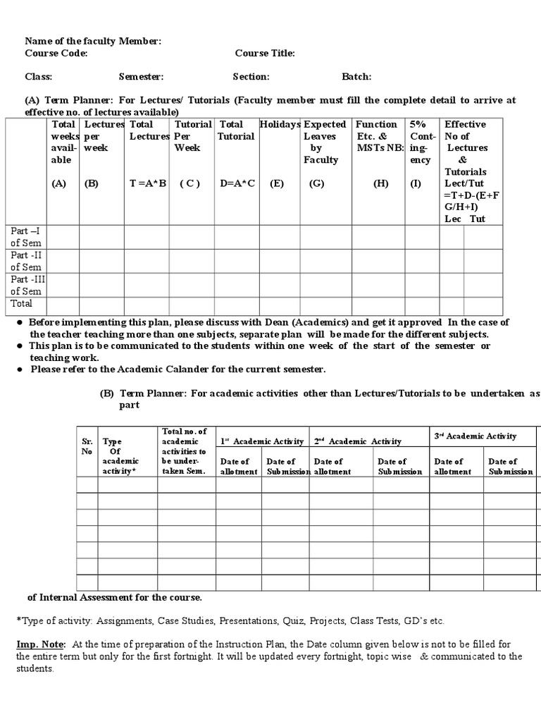 Course Instruction Plan for [Faculty Name], [Course Code] - [Course ...