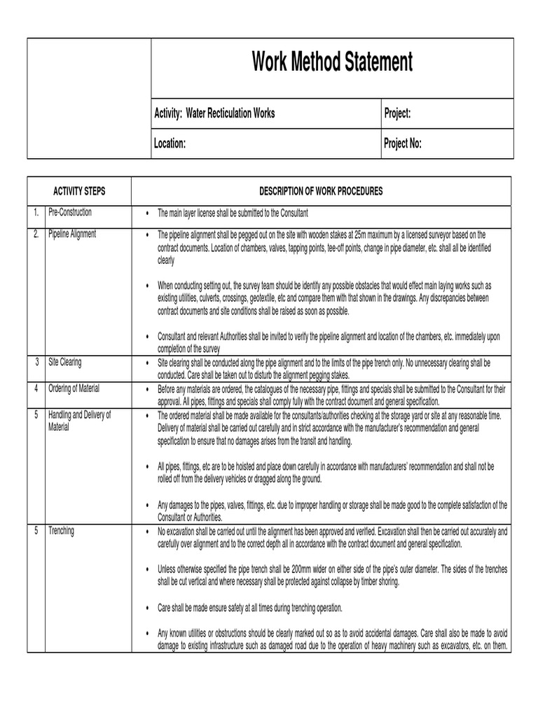 Method Statement For Water Rec Works | PDF | Trench | Pipe (Fluid ...