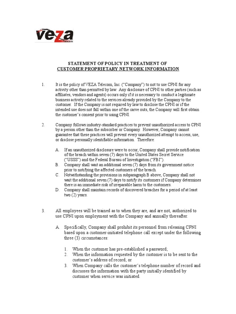 Annual CPNI Statement of Policy | PDF | Federal Communications ...