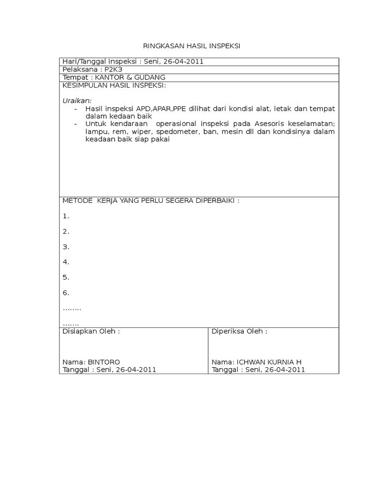 Laporan Inspeksi Apd, Apar, Ppe Dan KM | PDF