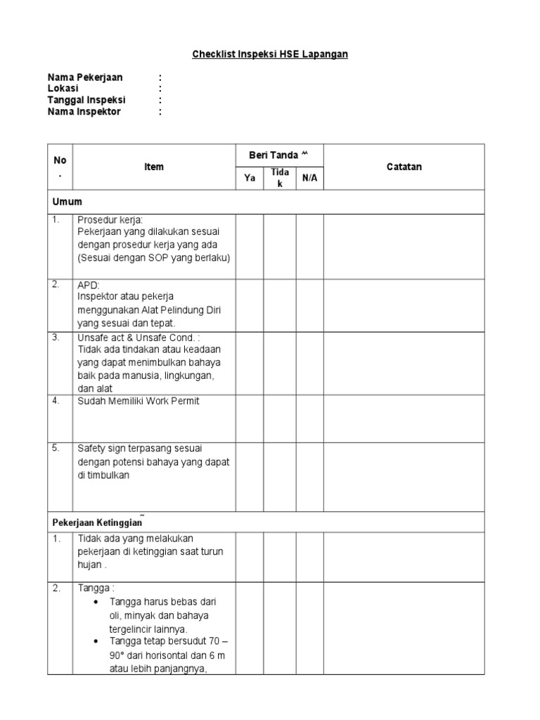Checklist Inspeksi HSE | PDF