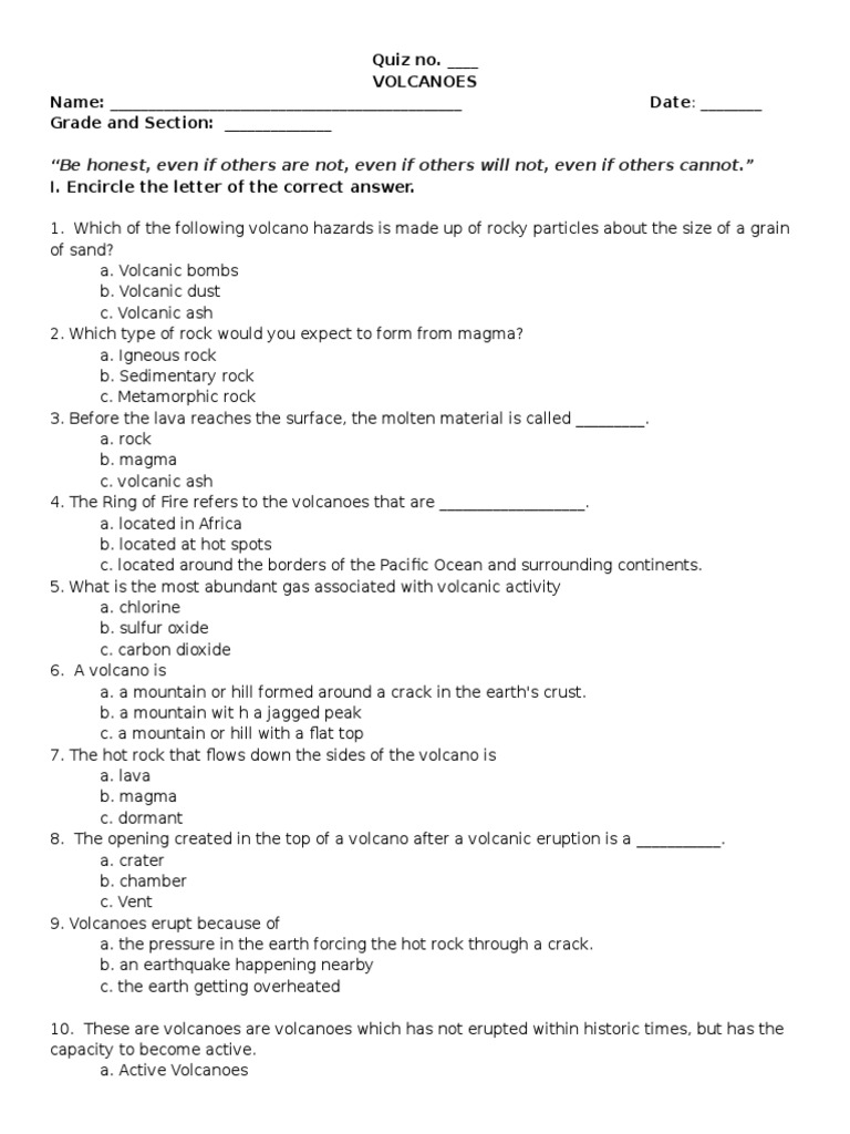 Volcano Quiz Pdf Volcano Types Of Volcanic Eruptions