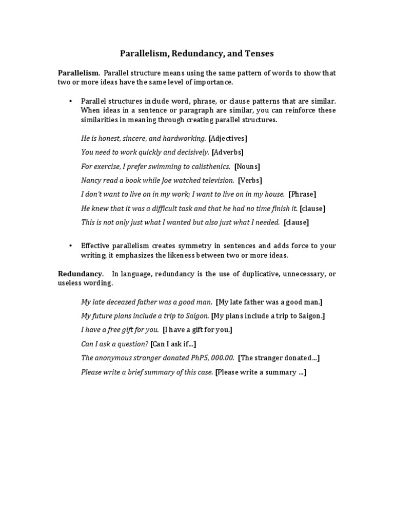 A Guide to Parallelism, Redundancy, and Verb Tenses | PDF | Grammatical ...
