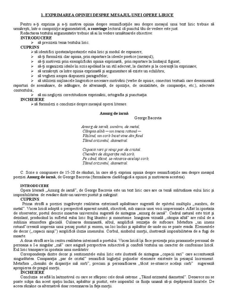Exprimarea Opiniei Despre Mesajul Unei Opere Lirice | PDF
