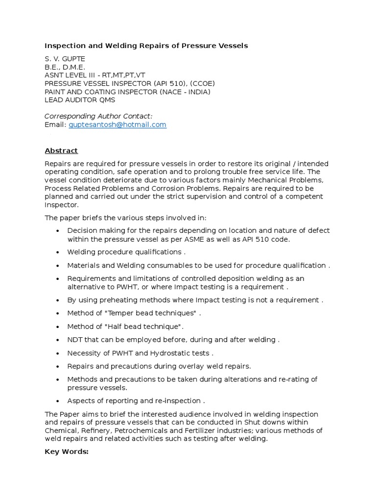 Pressure Vessel Inspection & Welding Repairs | PDF | Welding | Construction