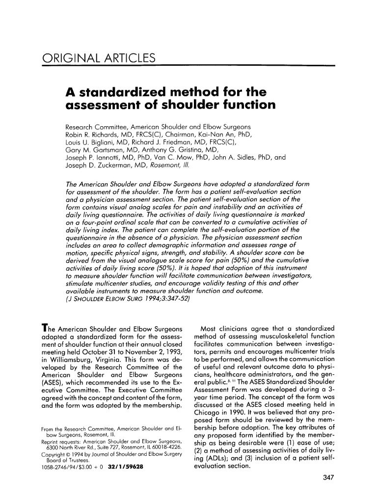 A Standardized Method For The Assessment of Shoulder Function | PDF ...