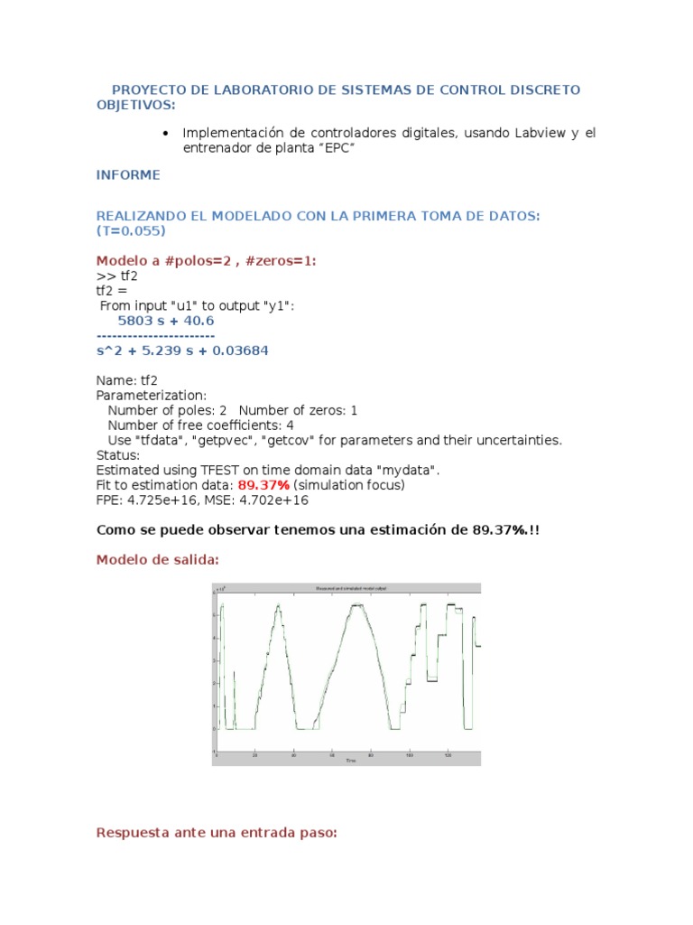 Proyecto de Laboratorio de Sistemas de Control Discreto | PDF | Modelado científico | Ciencia de ...