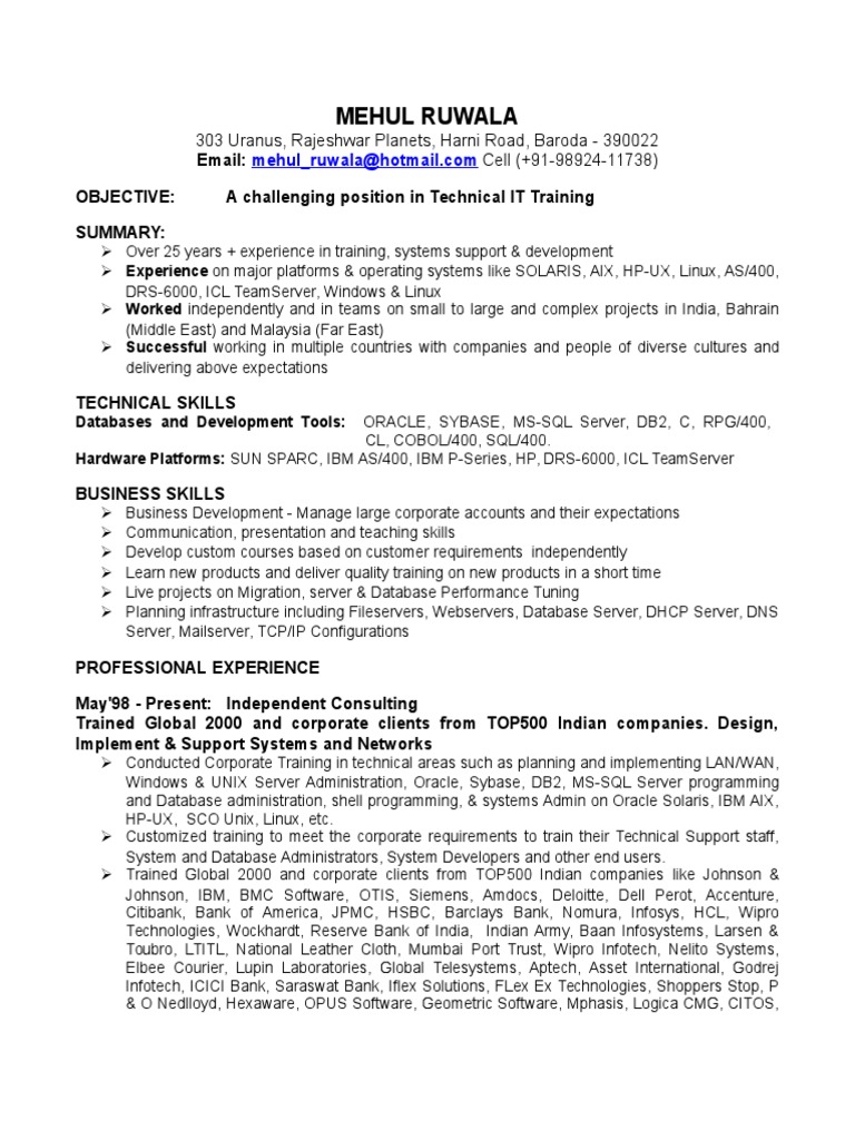 Mehul Ruwala Corporate IT Technical Trainer Resume | PDF | Ibm Db2 | Computer Network