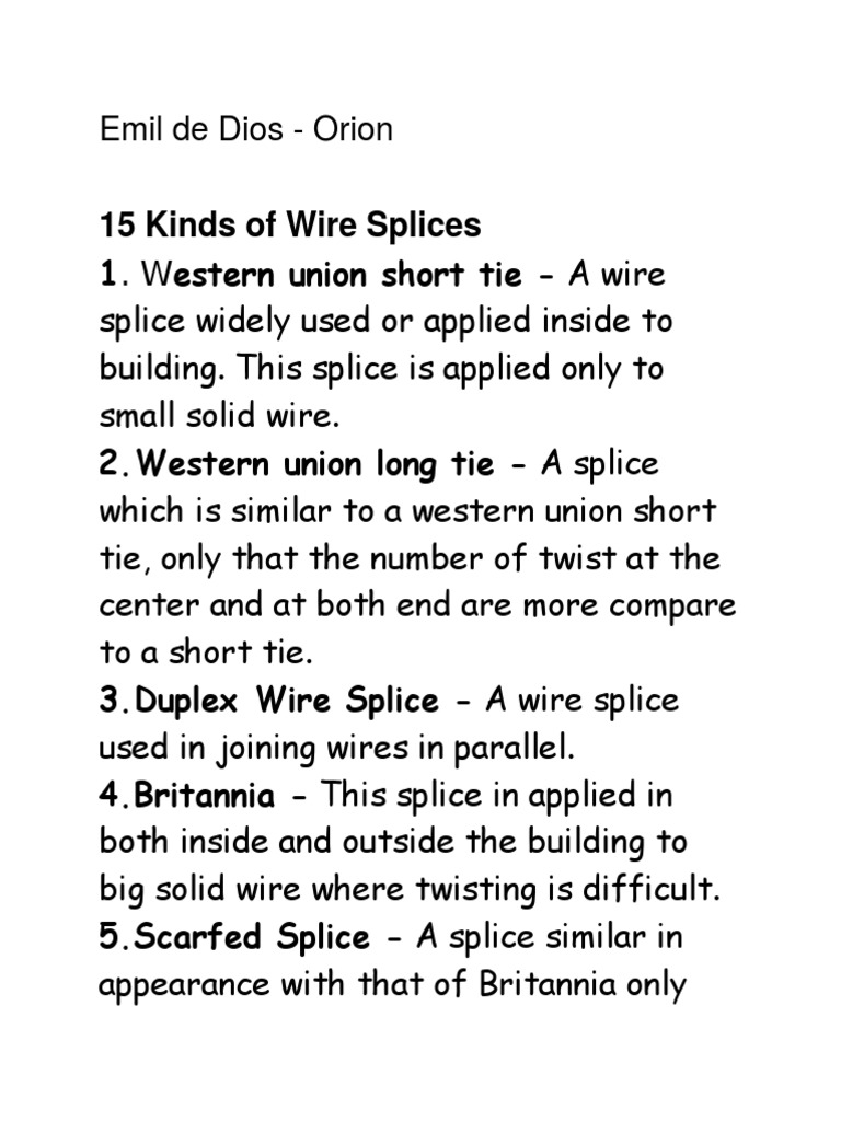 15 Kinds of Wire Splices 1. Western Union Short Tie - A Wire | PDF
