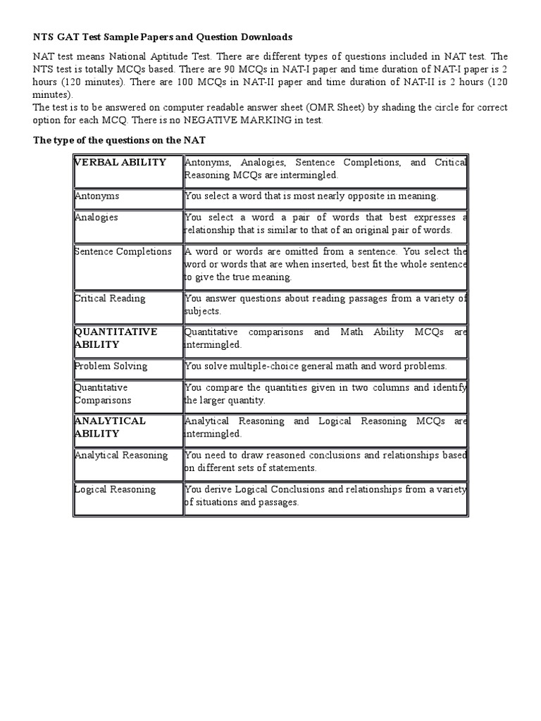 NTS GAT Test Sample Papers and Question Downloads | PDF