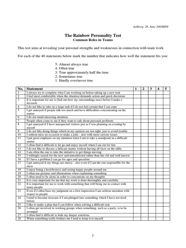 The Rainbow Personality Test 2 | PDF | Cognition | Psychological Concepts