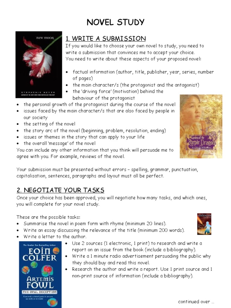 English - Yr 8 - Unit 2 - LA Task - Negotiated Novel Study | PDF ...