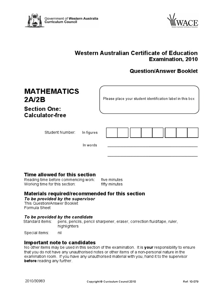 Mathematics 2AB Calculator Free Examination 2010 | PDF | Rectangle ...