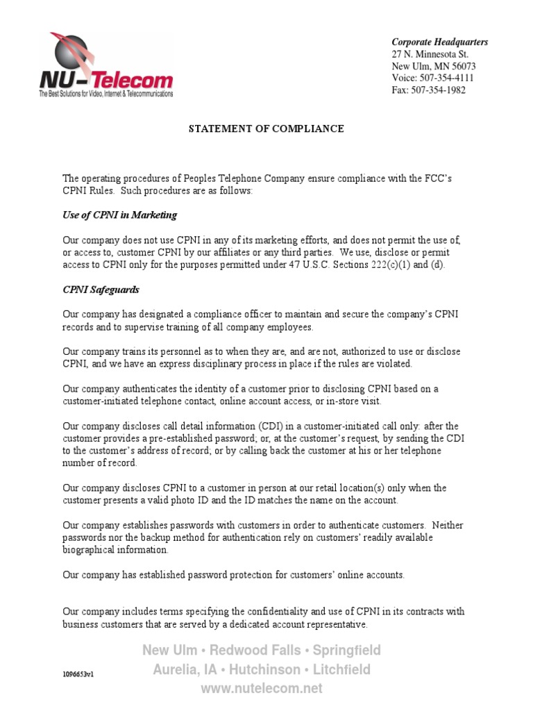 CPNI Compliance Procedures Overview | PDF | Authentication | Password