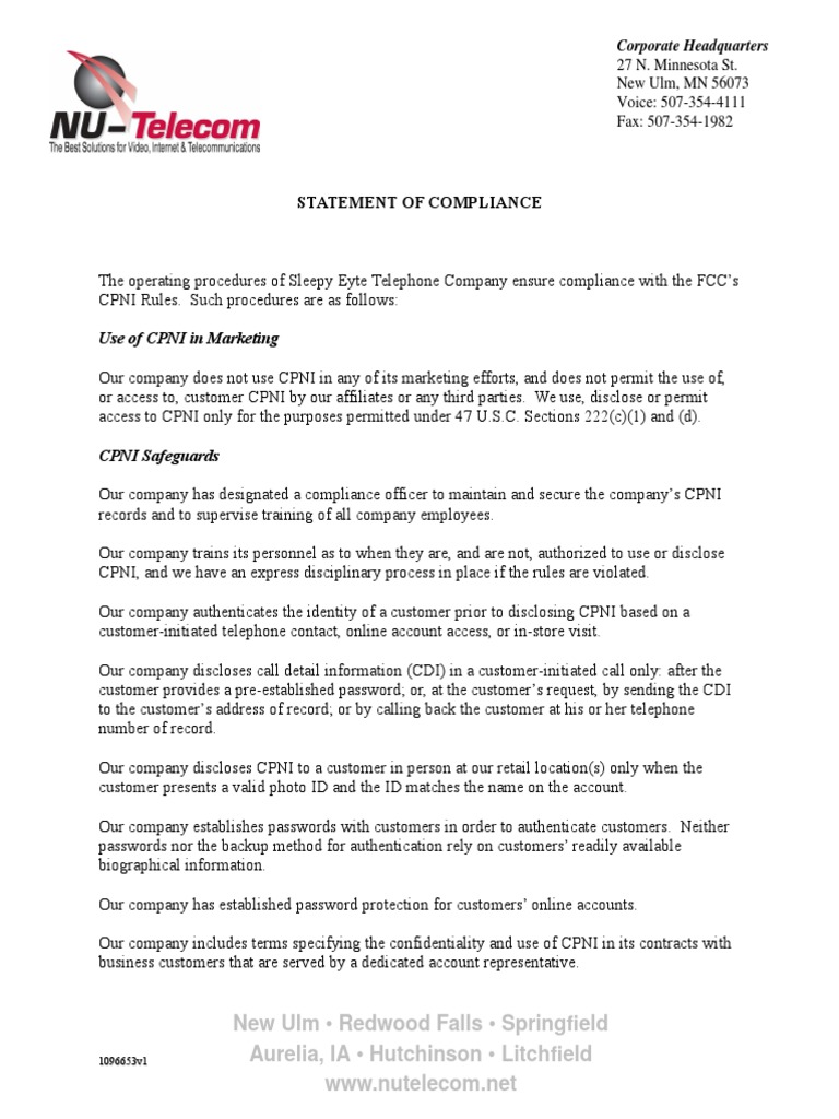 SE-Statement of Compliance - CPNI Certification 2014 | PDF ...