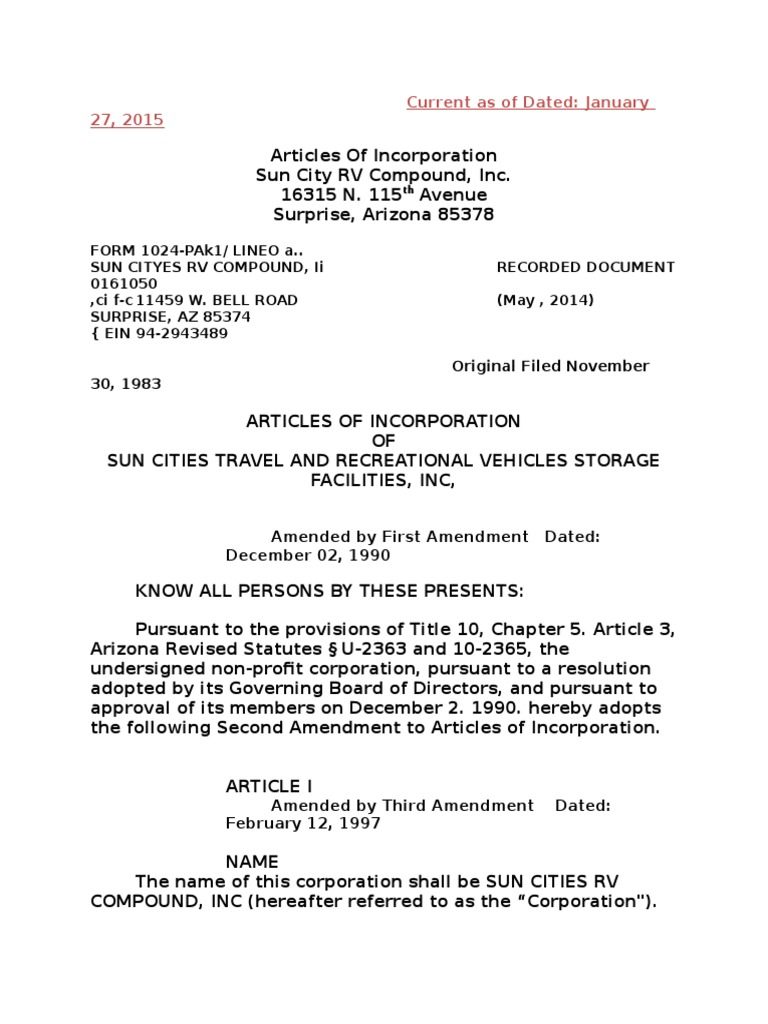 Articles of Incorporation: Sun City RV | PDF | Board Of Directors ...