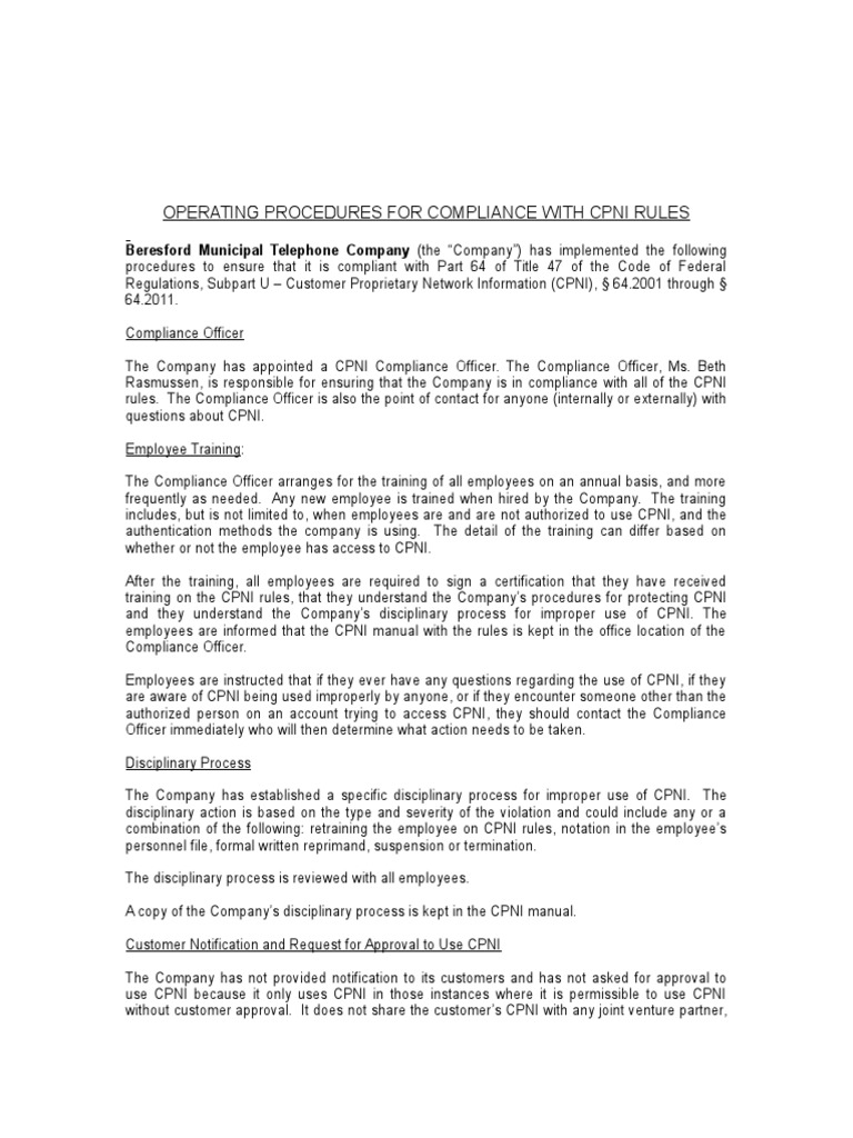 CPNI Operating Procedures5 | PDF | Regulatory Compliance | United ...