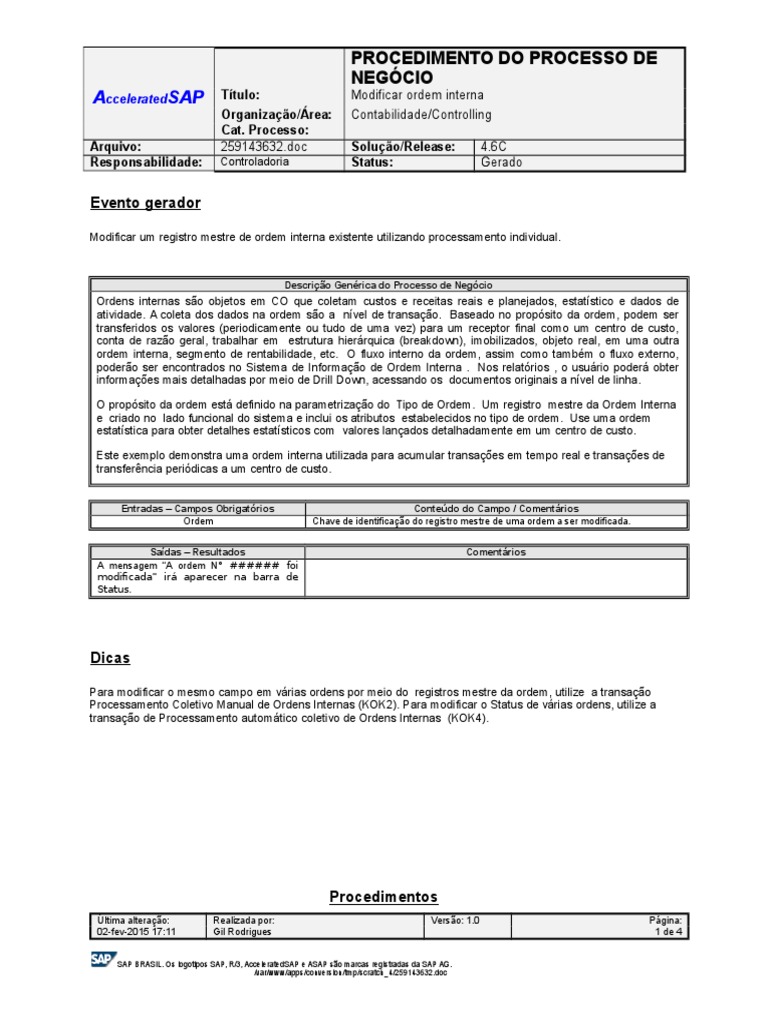 KO02 - Modificar Ordem Interna | PDF | Sap Se | Informação