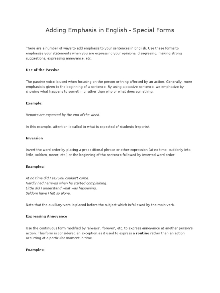 Adding Emphasis in English | PDF | Subject (Grammar) | Verb