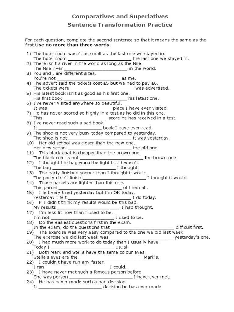 Sentence Transformation: Comparatives & Superlatives | PDF | Language ...