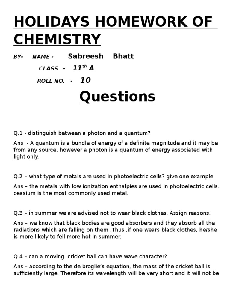 Analysis of Chemistry Holiday Homework Questions and Answers | PDF ...