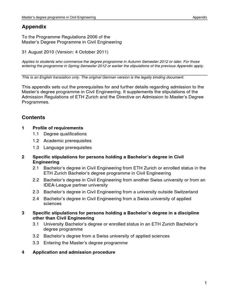 MSC Civil Engineering Appendix ETHZ | PDF | Academic Degree | Bachelor ...