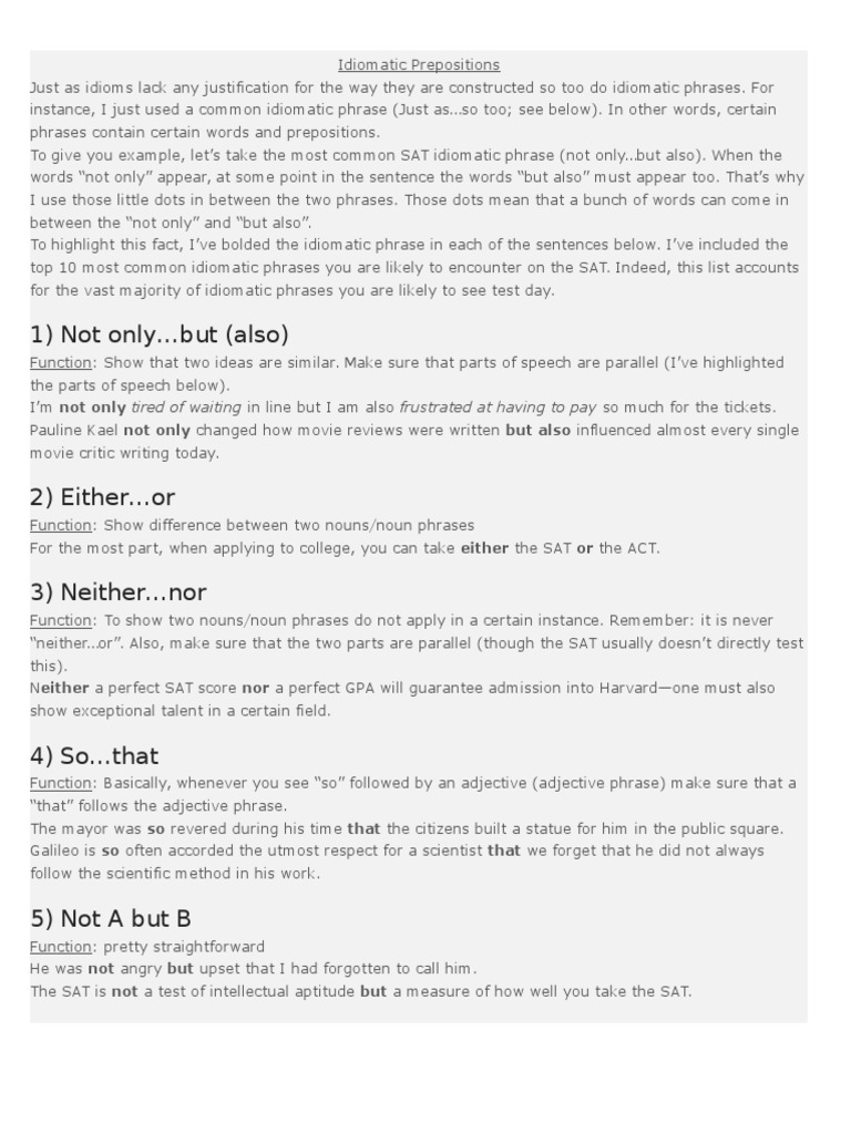 Idiomatic Prepositions | PDF | Sat | Preposition And Postposition