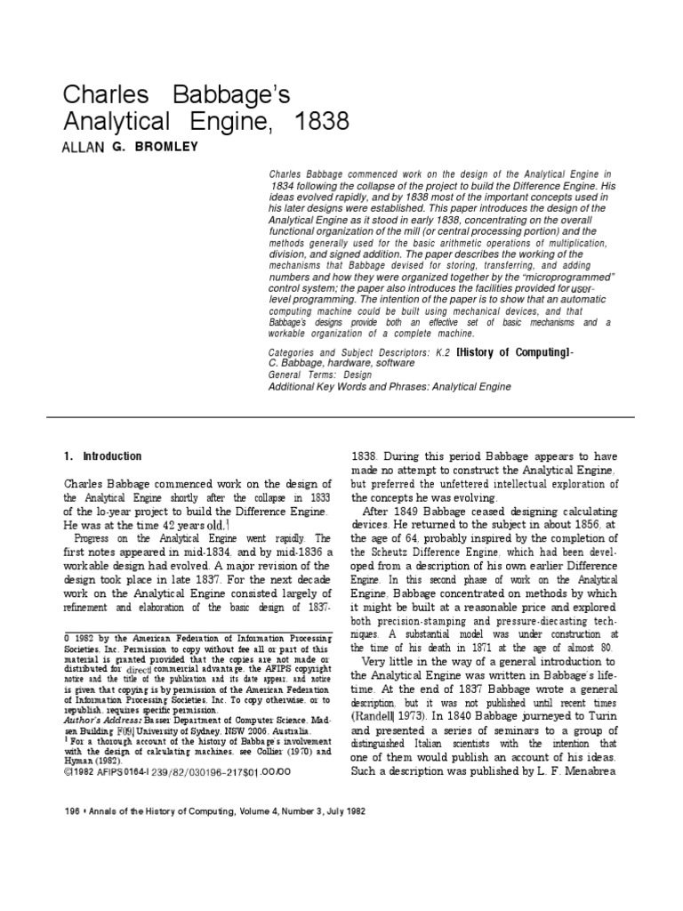 Bromley-Charles Babbage's Analytical Engine | PDF | Machines | Gear
