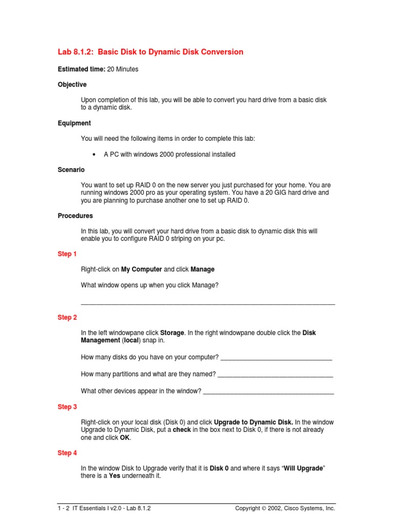 Lab 8.1.2: Basic Disk To Dynamic Disk Conversion: Estimated Time: 20 ...