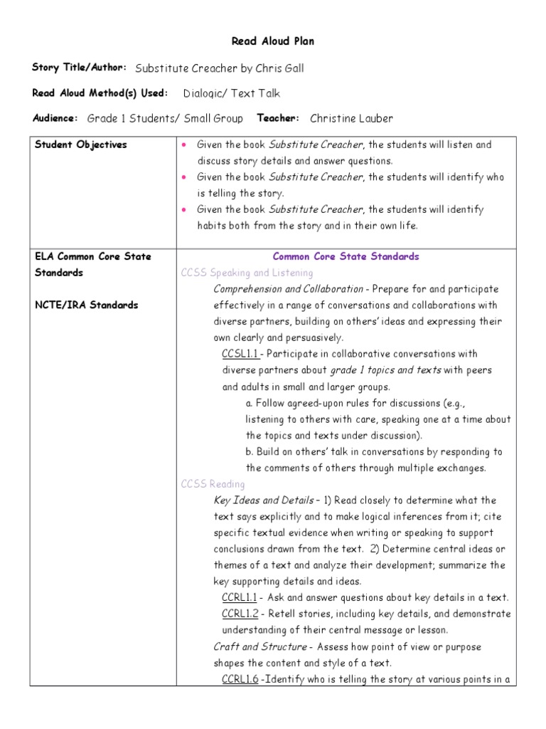 Substitute Creacher - Read Aloud Plan | PDF | Reading Comprehension ...